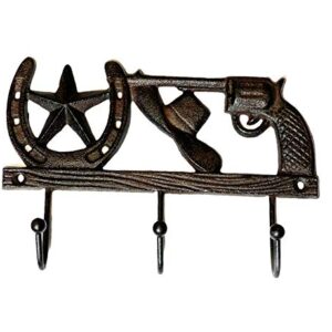 Urbalabs Western Cast Iron Rustic Country Wall Hooks Coat or Key Holder Wall Hook Mounted Decorative for Hats, Coats, Keys, Towels, Mudroom, Entryway, Mancave Bronze (Western 6 Shooter Star and Hat)