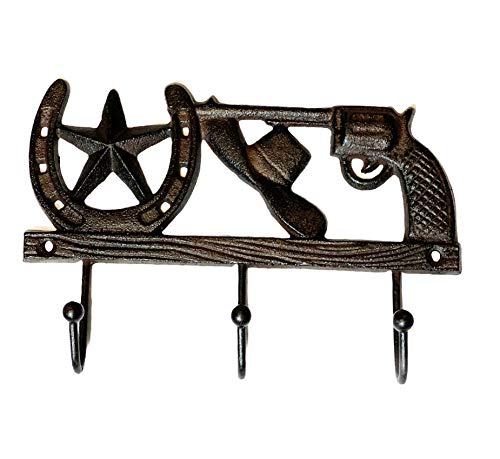 Urbalabs Western Cast Iron Rustic Country Wall Hooks Coat or Key Holder Wall Hook Mounted Decorative for Hats, Coats, Keys, Towels, Mudroom, Entryway, Mancave Bronze (Western 6 Shooter Star and Hat)