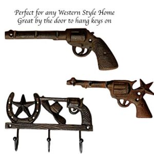 Urbalabs Western Cast Iron Rustic Country Wall Hooks Coat or Key Holder Wall Hook Mounted Decorative for Hats, Coats, Keys, Towels, Mudroom, Entryway, Mancave Bronze (Western 6 Shooter Star and Hat)