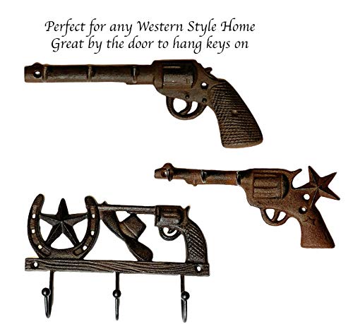 Urbalabs Western Cast Iron Rustic Country Wall Hooks Coat or Key Holder Wall Hook Mounted Decorative for Hats, Coats, Keys, Towels, Mudroom, Entryway, Mancave Bronze (Western 6 Shooter Star and Hat)