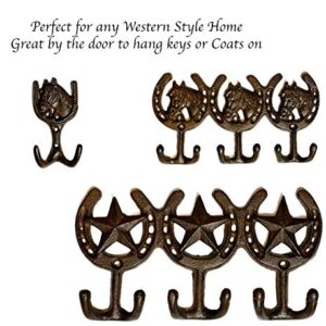 Urbalabs Western Cast Iron Rustic Country Wall Hooks Coat or Key Holder Wall Hook Mounted Decorative for Hats, Coats, Keys, Towels, Mudroom, Entryway, Mancave Bronze (Western 6 Shooter Star and Hat)