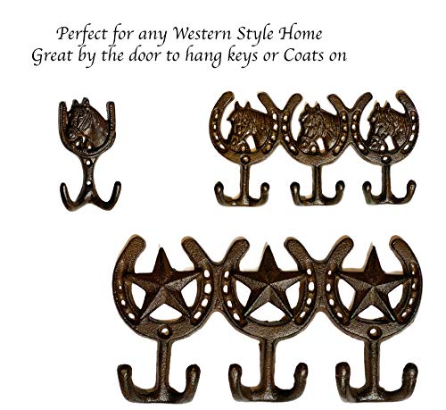 Urbalabs Western Cast Iron Rustic Country Wall Hooks Coat or Key Holder Wall Hook Mounted Decorative for Hats, Coats, Keys, Towels, Mudroom, Entryway, Mancave Bronze (Western 6 Shooter Star and Hat)