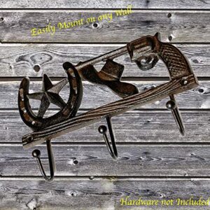 Urbalabs Western Cast Iron Rustic Country Wall Hooks Coat or Key Holder Wall Hook Mounted Decorative for Hats, Coats, Keys, Towels, Mudroom, Entryway, Mancave Bronze (Western 6 Shooter Star and Hat)