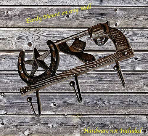 Urbalabs Western Cast Iron Rustic Country Wall Hooks Coat or Key Holder Wall Hook Mounted Decorative for Hats, Coats, Keys, Towels, Mudroom, Entryway, Mancave Bronze (Western 6 Shooter Star and Hat)