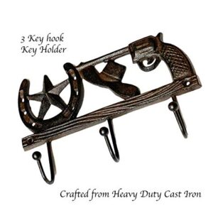 Urbalabs Western Cast Iron Rustic Country Wall Hooks Coat or Key Holder Wall Hook Mounted Decorative for Hats, Coats, Keys, Towels, Mudroom, Entryway, Mancave Bronze (Western 6 Shooter Star and Hat)