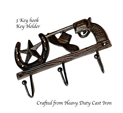 Urbalabs Western Cast Iron Rustic Country Wall Hooks Coat or Key Holder Wall Hook Mounted Decorative for Hats, Coats, Keys, Towels, Mudroom, Entryway, Mancave Bronze (Western 6 Shooter Star and Hat)