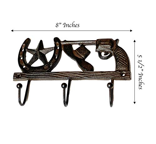 Urbalabs Western Cast Iron Rustic Country Wall Hooks Coat or Key Holder Wall Hook Mounted Decorative for Hats, Coats, Keys, Towels, Mudroom, Entryway, Mancave Bronze (Western 6 Shooter Star and Hat)