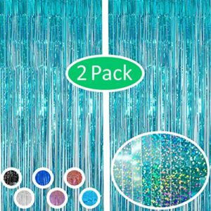 vanujoy iridescent teal blue foil fringe backdrop curtains party decoration - 2 pack tinsel party door wall curtain for birthday bachelorette party engagement bridal shower baby shower graduation