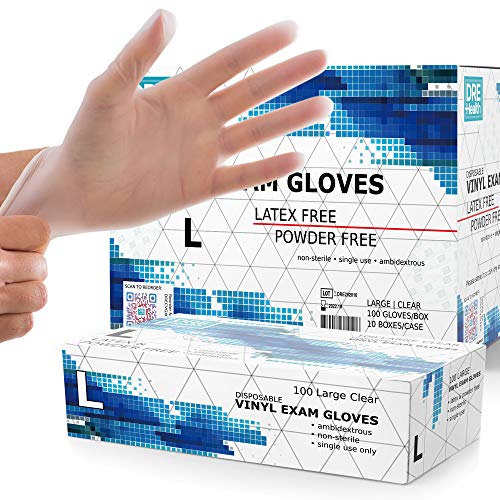 Powder Free Disposable Gloves Large, [1000 Count] - 4 Mil Clear Vinyl Gloves- Extra Strong, 4 Mil Thick - Latex Free, Food Safe, Medical Exam Gloves, Cleaning Gloves - 10 Boxes of 100