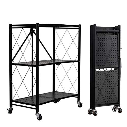 RUIJIAJU 3-Tier Foldable Standing Shelf Units Storage Rack,Metal Heavy Duty Storage Shelf with Wheels