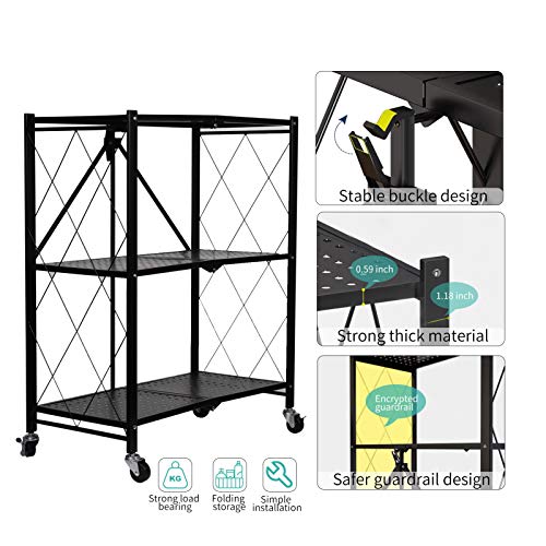 RUIJIAJU 3-Tier Foldable Standing Shelf Units Storage Rack,Metal Heavy Duty Storage Shelf with Wheels