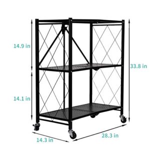 RUIJIAJU 3-Tier Foldable Standing Shelf Units Storage Rack,Metal Heavy Duty Storage Shelf with Wheels