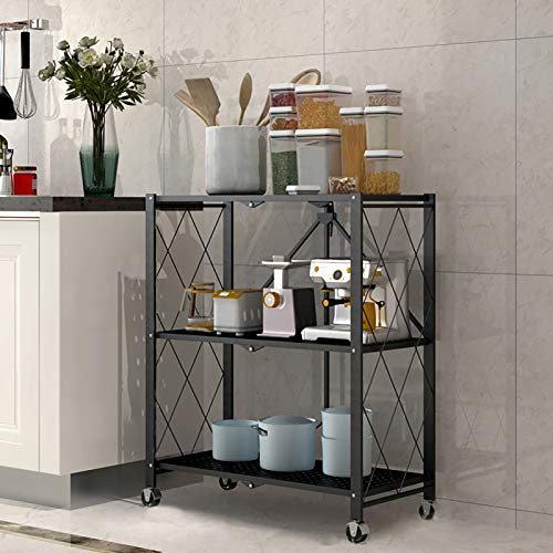 RUIJIAJU 3-Tier Foldable Standing Shelf Units Storage Rack,Metal Heavy Duty Storage Shelf with Wheels