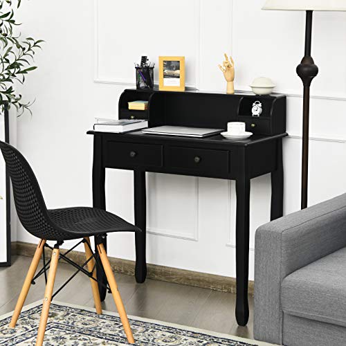 GOFLAME Writing Desk, Large Storage Space with 4 Drawers, Secretary Table Computer Desk Writing Table with Detachable Tabletop Organizer, Suit for Home and Office Use (Black)