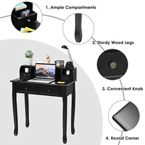 GOFLAME Writing Desk, Large Storage Space with 4 Drawers, Secretary Table Computer Desk Writing Table with Detachable Tabletop Organizer, Suit for Home and Office Use (Black)