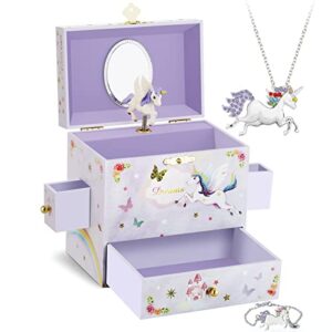 musical jewelry box for little girls with 3 drawers and jewelry set with spinning unicorn and rainbow butterfly design - beautiful dream tune purple