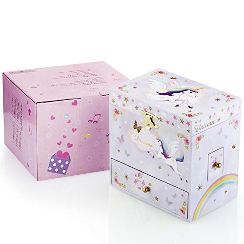 Musical Jewelry Box for Little Girls with 3 Drawers and Jewelry Set with Spinning Unicorn and Rainbow Butterfly Design - Beautiful Dream Tune Purple