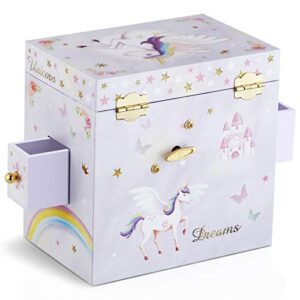 Musical Jewelry Box for Little Girls with 3 Drawers and Jewelry Set with Spinning Unicorn and Rainbow Butterfly Design - Beautiful Dream Tune Purple