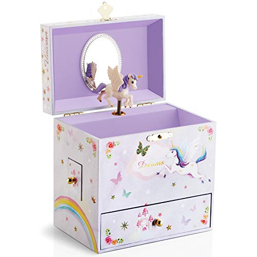 Musical Jewelry Box for Little Girls with 3 Drawers and Jewelry Set with Spinning Unicorn and Rainbow Butterfly Design - Beautiful Dream Tune Purple