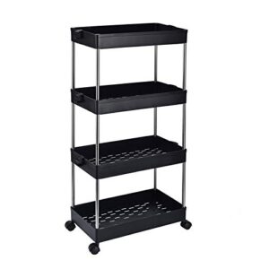 ahxml 4-tier storage cart rolling utility cart storage shelf rack mobile storage organizer shelving for office, kitchen, bedroom, bathroom, laundry room & dressers, plastic & stainless steel, black