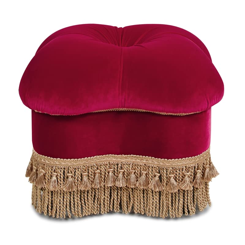 Jennifer Taylor Home Ellen Upholstered Clover Ottoman with Gold Bullion Fringe, Siren Red Performance Velvet