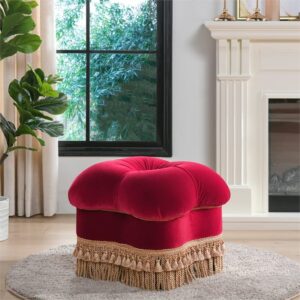 Jennifer Taylor Home Ellen Upholstered Clover Ottoman with Gold Bullion Fringe, Siren Red Performance Velvet