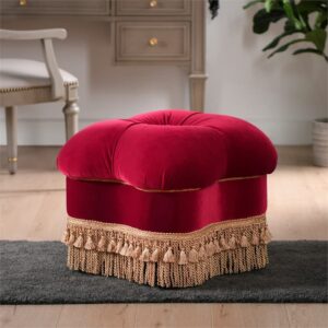 Jennifer Taylor Home Ellen Upholstered Clover Ottoman with Gold Bullion Fringe, Siren Red Performance Velvet