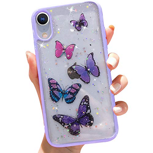 wzjgzdly Butterfly Bling Clear Case Compatible with iPhone XR, Glitter Case for Women Cute Slim Soft Slip Resistant Protective Phone Case Cover for iPhone XR 6.1 inch - Purple