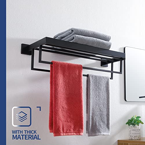 KOKOSIRI Matte Black Towel Rack 24'' Bathroom Towel Shelf with Double Towel Bars, Bath Towel Hook Square Robe Hook Coat Hook, SUS304 Stainless Steel Wall Mounted, B08A3-BK