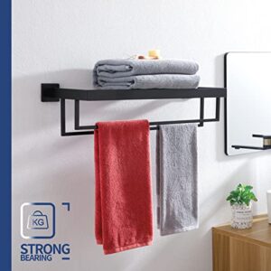 KOKOSIRI Matte Black Towel Rack 24'' Bathroom Towel Shelf with Double Towel Bars, Bath Towel Hook Square Robe Hook Coat Hook, SUS304 Stainless Steel Wall Mounted, B08A3-BK