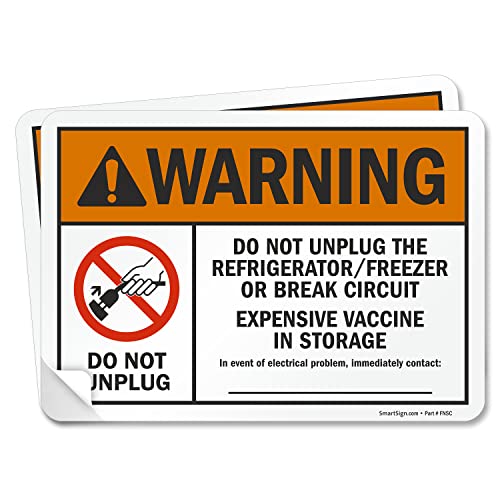 SmartSign 7 x 10 inch “Warning - Do Not Unplug Refrigerator Vaccine Storage” Labels | Orange, Black and Red, Digitally Printed, 32 mil Thick Laminated Vinyl Sticker, Pack of 2