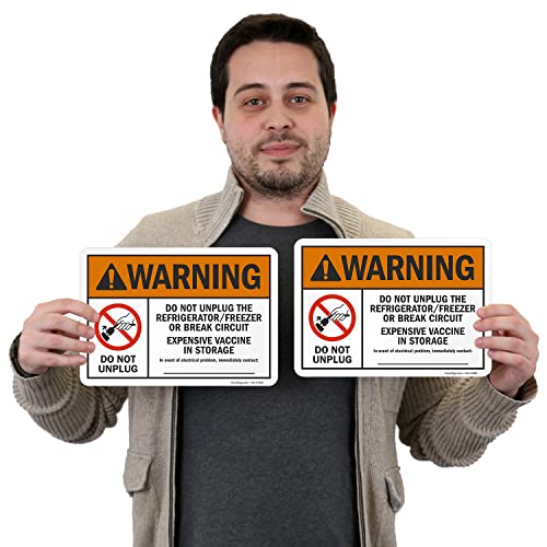 SmartSign 7 x 10 inch “Warning - Do Not Unplug Refrigerator Vaccine Storage” Labels | Orange, Black and Red, Digitally Printed, 32 mil Thick Laminated Vinyl Sticker, Pack of 2