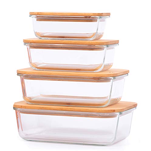 4-Pack Glass Food Storage Containers with Bamboo Lids , Meal Prep Ecofriendly Containers with Lids for Kitchen, Home Use, Safe for Microwave,Freezer, BPA Free (370mL, 640mL, 1040mL, 1520mL)