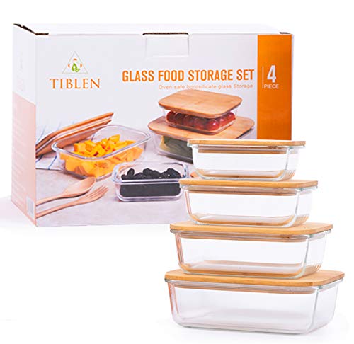 4-Pack Glass Food Storage Containers with Bamboo Lids , Meal Prep Ecofriendly Containers with Lids for Kitchen, Home Use, Safe for Microwave,Freezer, BPA Free (370mL, 640mL, 1040mL, 1520mL)