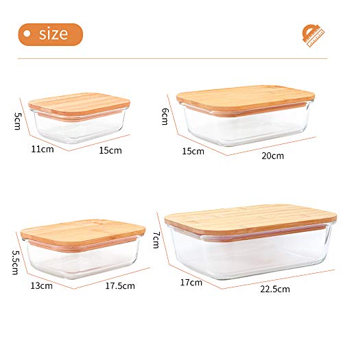 4-Pack Glass Food Storage Containers with Bamboo Lids , Meal Prep Ecofriendly Containers with Lids for Kitchen, Home Use, Safe for Microwave,Freezer, BPA Free (370mL, 640mL, 1040mL, 1520mL)