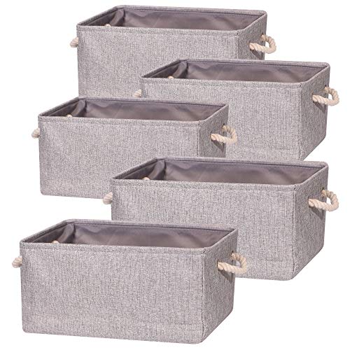 TENABORT 5 Pack Large Storage Basket Bin, Foldable Storage Cube Box Canvas Fabric Collapsible Organizer with Handles for Closet Home Office Clothes Shelf, Grey