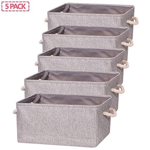 TENABORT 5 Pack Large Storage Basket Bin, Foldable Storage Cube Box Canvas Fabric Collapsible Organizer with Handles for Closet Home Office Clothes Shelf, Grey