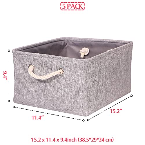 TENABORT 5 Pack Large Storage Basket Bin, Foldable Storage Cube Box Canvas Fabric Collapsible Organizer with Handles for Closet Home Office Clothes Shelf, Grey