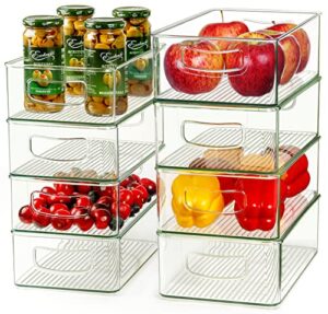 hudgan set of 8 refrigerator organizer bins (4 large & 4 medium sizes) - stackable fridge organizer, clear plastic storage bins for kitchen, pantry, freezer, cabinets, linen closets