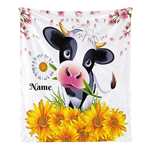 CUXWEOT Custom Blanket with Name Text Personalized Cow Sunflower Cherry Blossom Soft Fleece Throw Blanket for Gifts (50 X 60 inches)