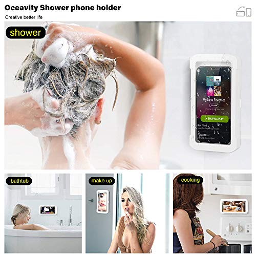 Oceavity Shower Phone Holder Waterproof 360° Rotation, Mirror/Wall Mount Phone Holder for Shower Bathroom Bathtub Kitchen, Universal Shower Accessories (White)