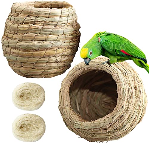 kathson Birdcages Straw Bird Nests Natural Grass Woven Birdhouse Resting Breeding Nesting Cages Hideaway Shelter for Finch Canary Budgie Lovebird Pearl Bird and Small Parrot 