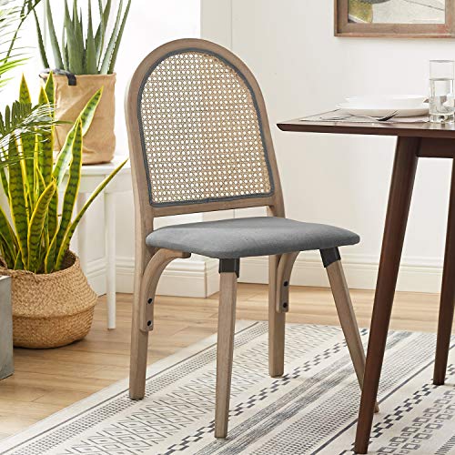 Art Leon Mid Century Modern Linen Upholstered Dining Side Chair with Rattan Woven Backrest, 1 Pcs, Dark Grey