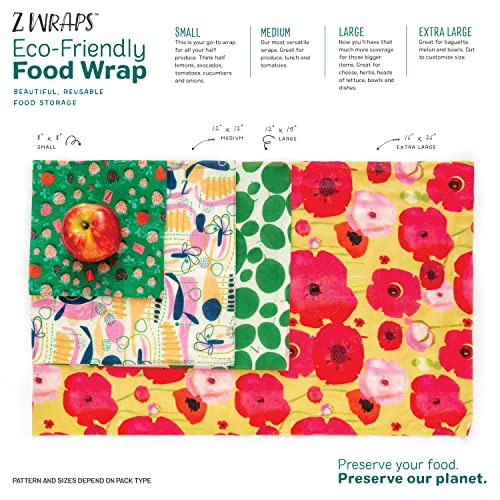 Z Wraps - Reusable Beeswax Food Wraps - Assorted 3-Pack (S, M, L) - Made in USA with 100-Precent Cotton, Organic Beeswax and Jojoba Oil - Wild Wanderers