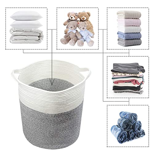 Laundry Basket 2pc by COMFY-HOMI Large Basket 18"X16" Tall Woven Cotton rope Basket with Handles Decorative Basket for Blankets Round Storage Basket for living room,Clothes,Pillows,Towels (White Grey)