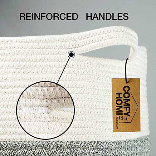 Laundry Basket 2pc by COMFY-HOMI Large Basket 18"X16" Tall Woven Cotton rope Basket with Handles Decorative Basket for Blankets Round Storage Basket for living room,Clothes,Pillows,Towels (White Grey)