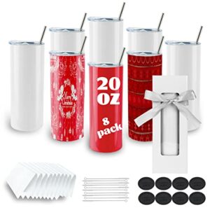 8 pack sublimation tumblers bulk 20 oz skinny,stainless steel double wall insulated straight sublimation tumbler cups blank white with lid, straw, individually boxed,polymer coating for heat transfer