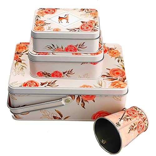 Tsing Candy Tins Colorful Metal Tin with Lid 4-in-1 Empty Rectangle Metal Storage Tin Can, Metal Bucket with Handle, Travel Containers Boxes for Cookie, Biscuit, Cards and Other things (Deer)