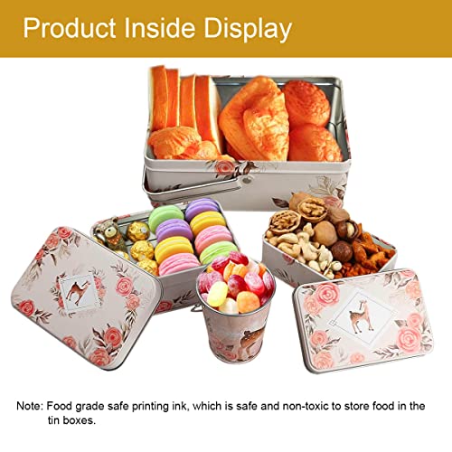 Tsing Candy Tins Colorful Metal Tin with Lid 4-in-1 Empty Rectangle Metal Storage Tin Can, Metal Bucket with Handle, Travel Containers Boxes for Cookie, Biscuit, Cards and Other things (Deer)