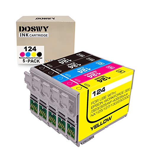 Doswy 5 Packs T124 Remanufactured Ink Cartridge Replacement for Epson 124 use for Epson Stylus NX125 NX127 NX130 NX230 NX330 NX420 NX430 Workforce 320 323 325 435 (2 Black 1 Cyan 1 Magenta 1 Yellow)